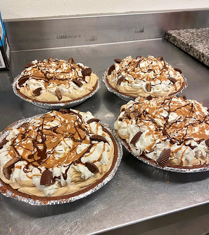 Peanut butter pies topped with whipped cream and candy—because sometimes dessert should dress for the occasion.