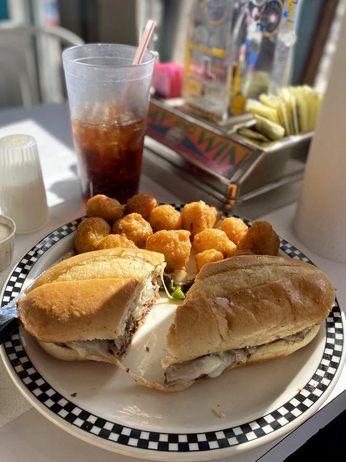 A diner sandwich and tater tots – the dynamic duo of lunch comfort. Simple? Yes. Satisfying? Absolutely. Sometimes the classics don't need reinvention.