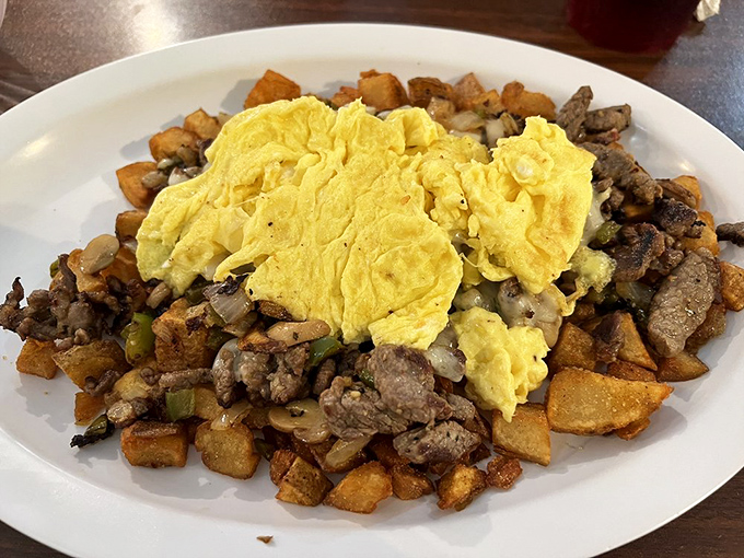 The Philly skillet – a glorious mess of potatoes, steak, and eggs that makes you grateful someone thought to combine these ingredients.