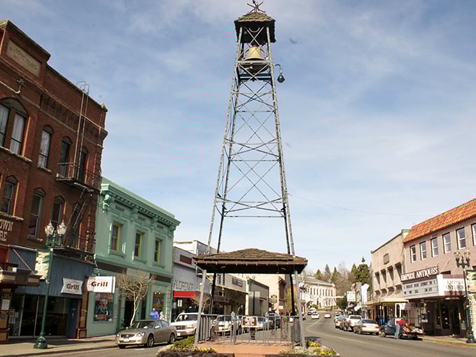 Placerville's iconic bell tower stands sentinel over Main Street, a historical landmark that's witnessed everything from gold rush fever to modern-day tourists.