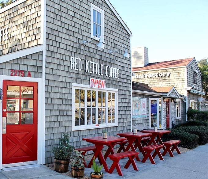 Red Kettle Coffee's bright red picnic tables invite lingering conversations and people-watching – the unofficial sport of laid-back beach towns everywhere.