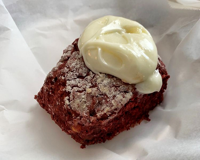 Red velvet brownie with cream cheese frosting – because sometimes breakfast deserves to masquerade as dessert without apology.