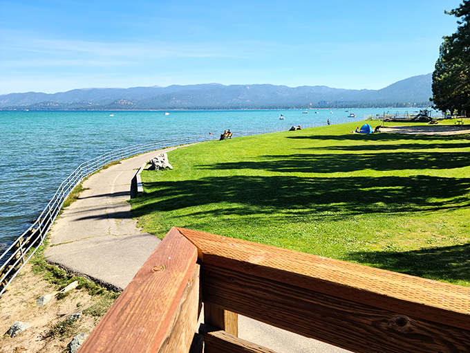 Regan Beach's grassy shoreline offers front-row seats to nature's greatest show: the meeting of crystal waters and mountain majesty under perfect blue skies.