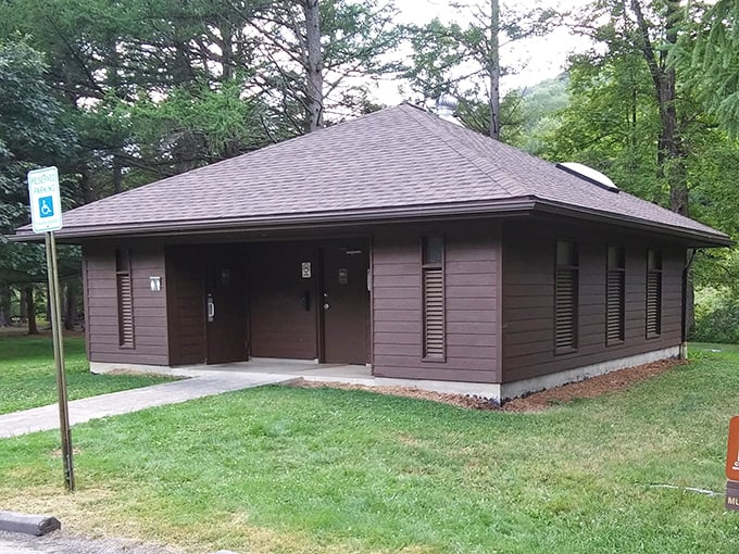 The park's restroom facilities – proving that "roughing it" doesn't have to mean "holding it." Clean, accessible, and mercifully spider-free.