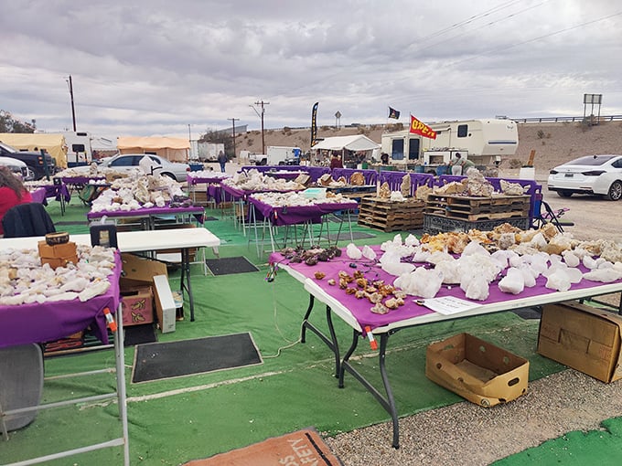 The earth's treasures displayed on purple tablecloths—Mother Nature's jewelry store spread across folding tables in the Arizona desert.
