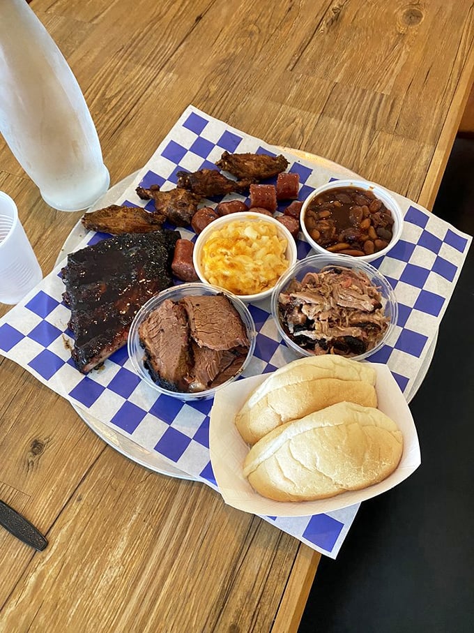 The BBQ Sampler—nature's perfect meal. Notice how the coleslaw provides the illusion that vegetables are involved in this feast.