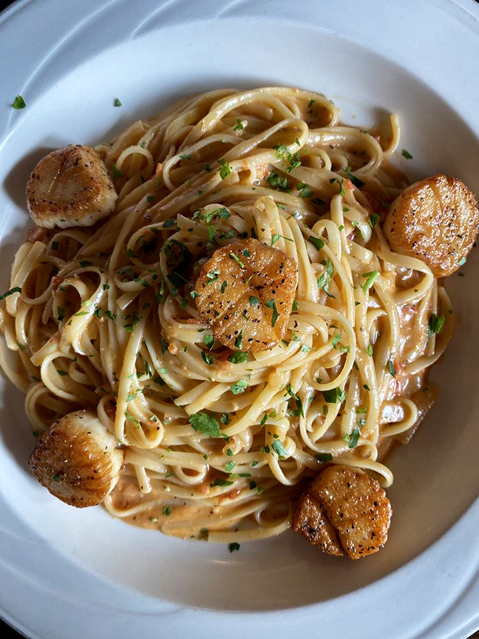 Scallop pasta that's seared to perfection, proving that some dishes are worth every single calorie consumed. 