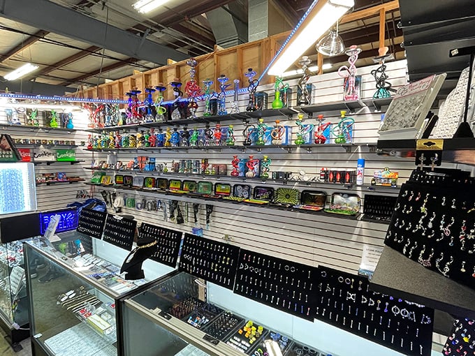 A kaleidoscope of colorful gadgets and gizmos lines the walls, proving that even in the digital age, physical trinkets still capture our magpie-like attention.