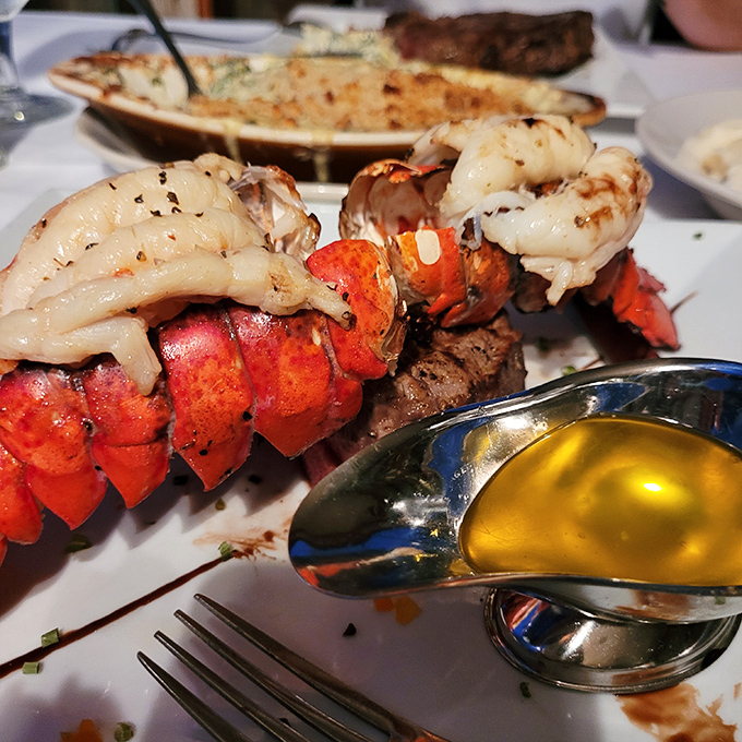 Lobster tail and steak – the Fred Astaire and Ginger Rogers of dinner plates, dancing together in perfect, butter-drenched harmony.