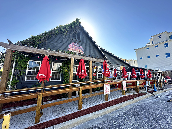 The Red Bar's weathered wooden deck has welcomed sandy feet and sun-kissed faces for decades. Inside awaits a fever dream of décor and legendary crab cakes.