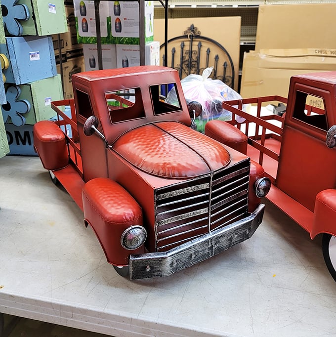 Vintage charm meets playful nostalgia in this decorative metal truck. It's not just a conversation piece—it's a time machine to simpler days.