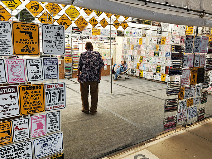 Warning: You might spend hours reading before buying anything in this sign section—equal parts humor, politics, and pure Americana.