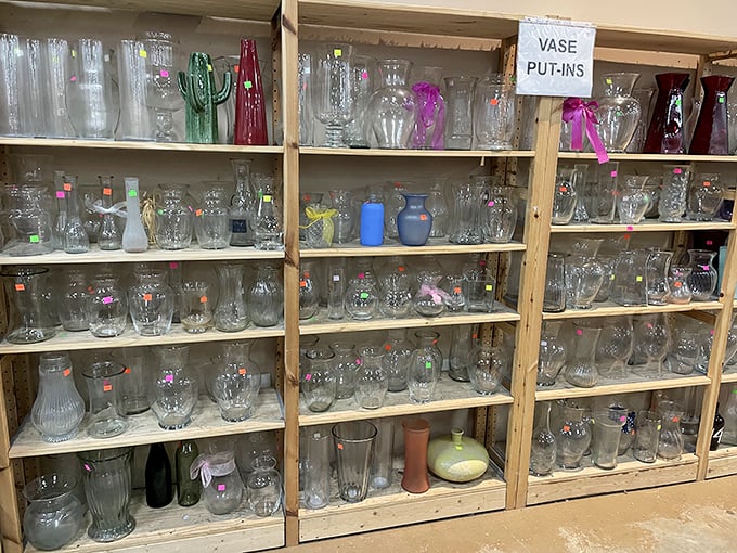 The vase collection rivals a small museum. That green glass cactus would make even your sad office succulent look like intentional décor.