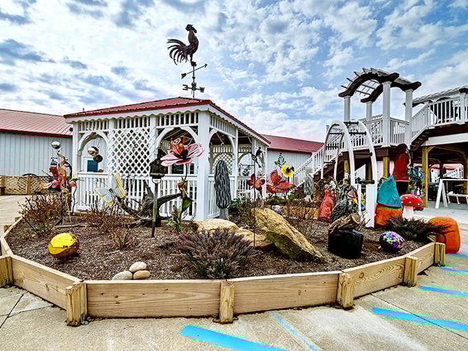 This whimsical garden display at Walnut Creek Amish Flea Market proves that even weathervanes can be conversation starters in Amish Country.