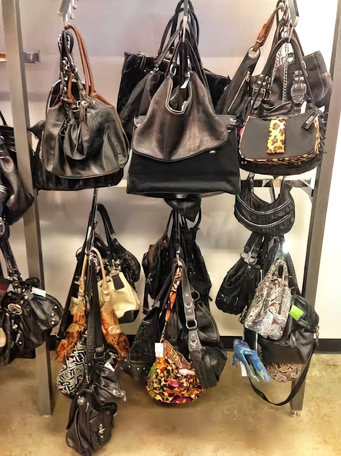 Handbag heaven where leather treasures hang like fashion fruit ripe for the picking – no buyer's remorse included in the price.