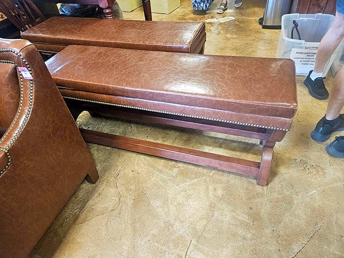 These leather benches whisper "upscale hotel lobby," but the price tags shout "incredible bargain!" Perfect for that empty hallway corner you've been ignoring.