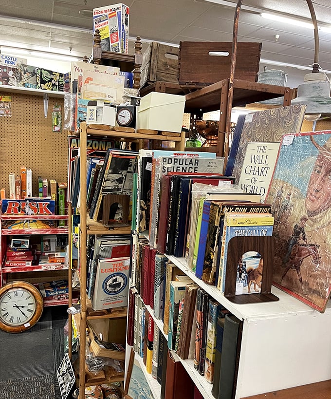 Literary treasures and vintage board games stack up alongside maps and memorabilia – intellectual entertainment from simpler times.