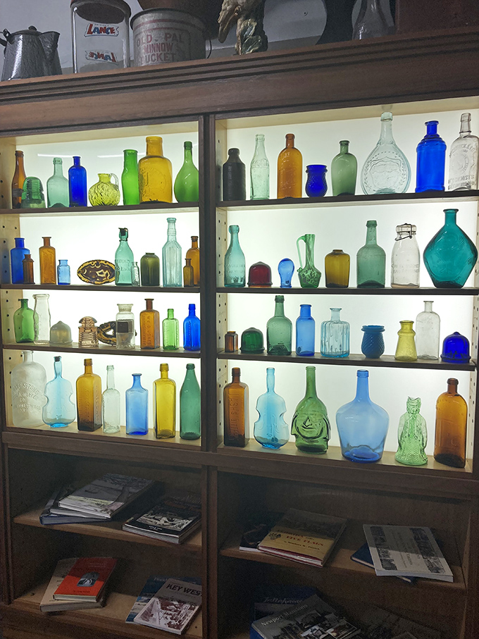 A rainbow of vintage bottles backlit like liquid jewels – proof that even empty containers can be filled with beauty.