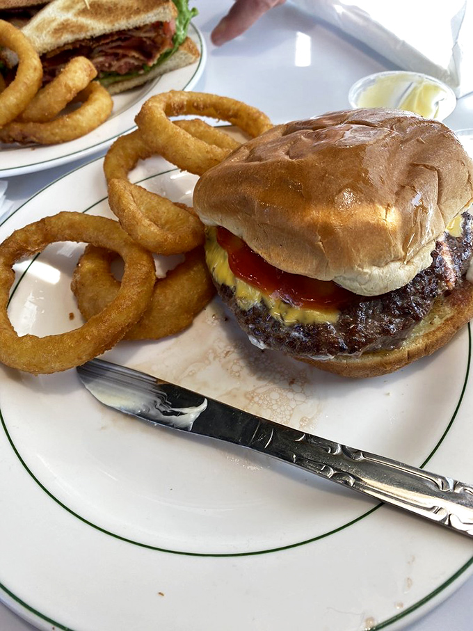 A burger that requires both hands, a stack of napkins, and possibly a nap afterward—flanked by onion rings that could double as golden bracelets.
