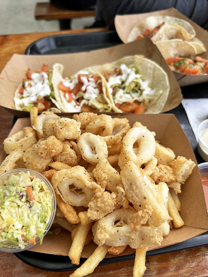 Calamari, tacos, and slaw – the holy trinity of coastal dining that transforms an ordinary meal into a Pacific celebration.