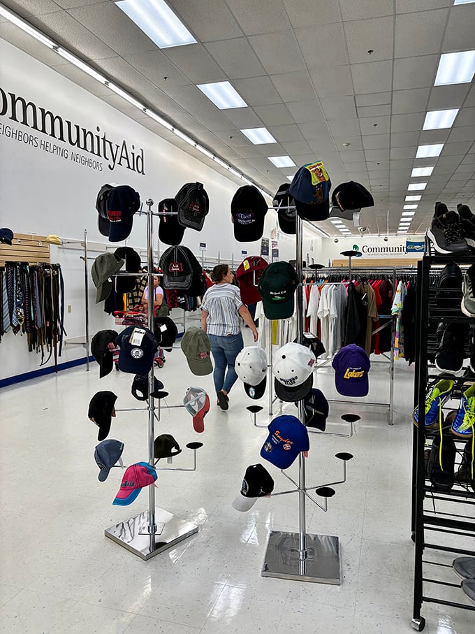 The hat display: a rotating gallery of headwear history. From baseball caps to sun hats, your next bad hair day solution awaits.