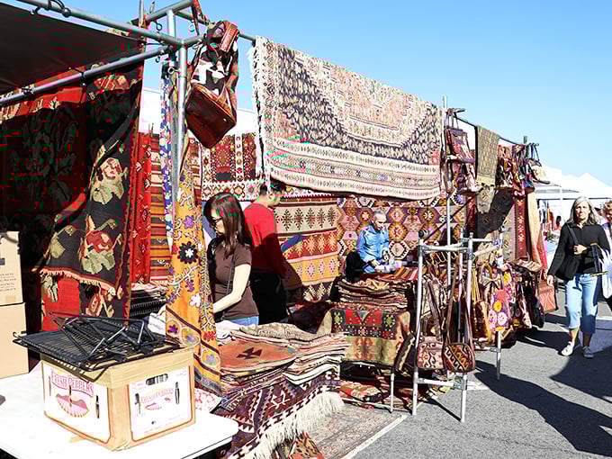 Persian rugs create a colorful tapestry marketplace, each weave holding secrets from distant desert lands. 