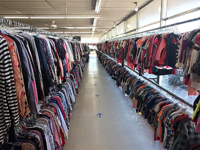 The clothing aisles stretch to the vanishing point, a textile canyon where patience is rewarded with hidden designer gems.
