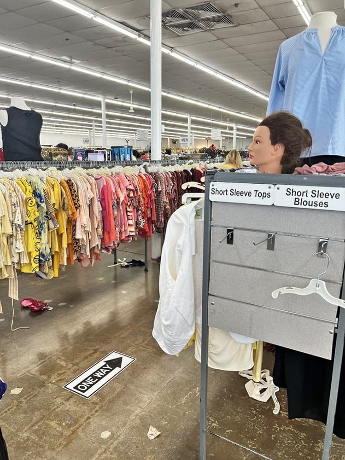 Mannequins stand guard over rainbow rivers of fabric – each hanger a potential fashion revelation for the patient treasure hunter.