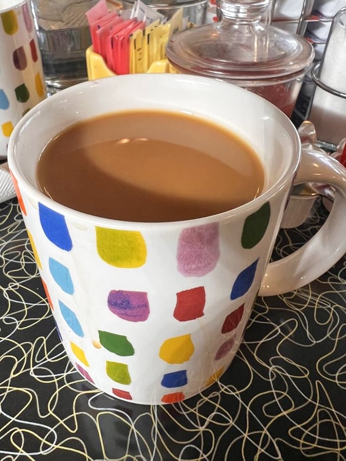 Their coffee comes in mugs as colorful as the conversation you'll have over it—proving morning fuel doesn't have to be boring.