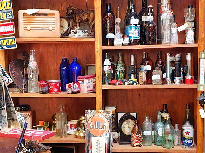 Vintage bottles tell stories of bygone brands and beverages. That cobalt blue glass would make even tap water taste like it came from 1952.