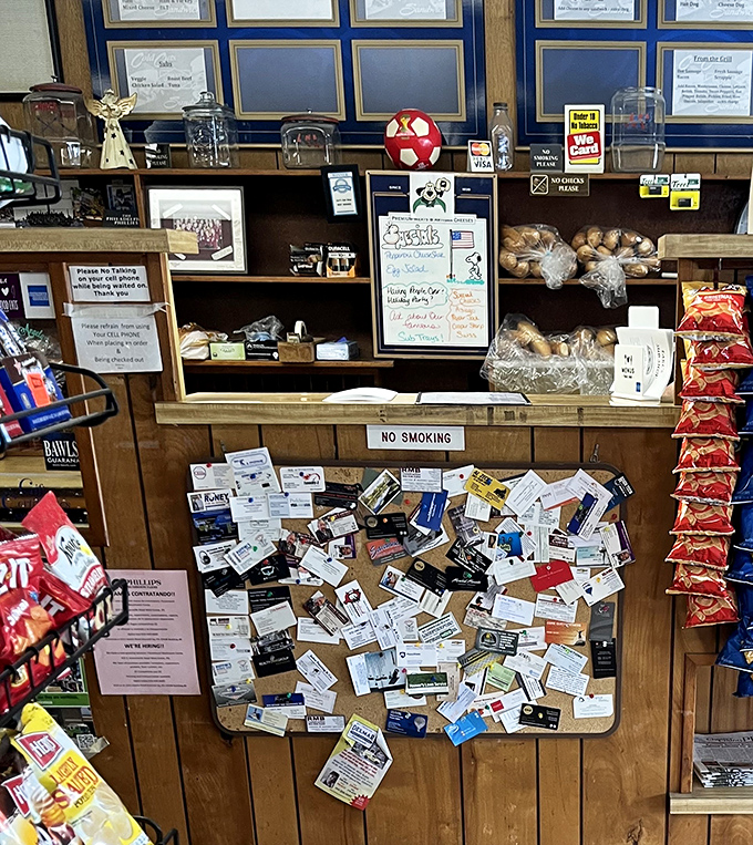 The counter area doubles as a community bulletin board – a physical Facebook wall from the days before social media ruled our lives.
