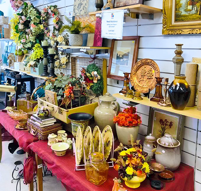Home décor that tells stories from previous lives. Those amber glass pieces are straight out of your grandmother's china cabinet—in the best way possible.
