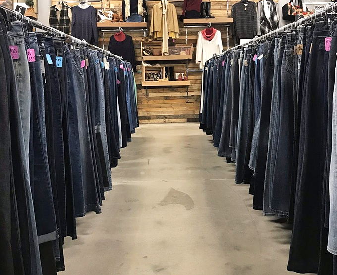 Denim heaven stretches before you – a blue jean boulevard where your perfect pair waits patiently among the ranks.