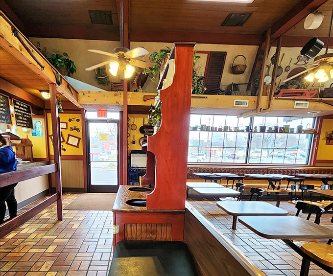 The dining room's warm wood tones and practical layout say, "We care more about your meal than being Instagram-worthy"—and we love it.