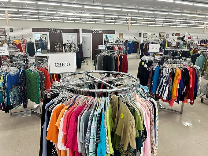 The clothing section is organized with military precision. Even Marie Kondo would approve of these color-coordinated racks that spark joy without sparking your credit card bill.