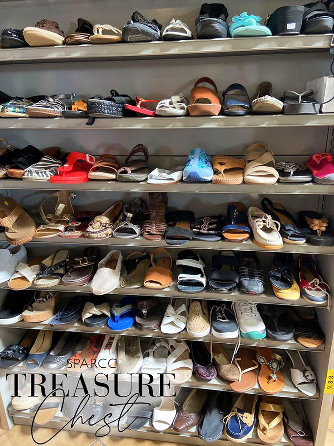The footwear section—a testament to Florida's eternal optimism that someday, somewhere, there will be an occasion for every single pair of sandals.