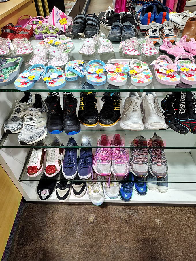 Footwear fantasies arranged by size and sparkle. From practical sneakers to "where would I ever wear these?" sequined statements—all priced for guilt-free experimentation.