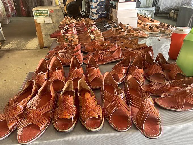 Handcrafted leather sandals line up like soldiers, ready to carry your feet through Florida adventures in comfortable style.