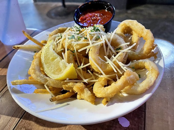 Fried calamari that doesn't require the jaw strength of a shark to chew through—tender rings dusted with parmesan and served with marinara for dunking.