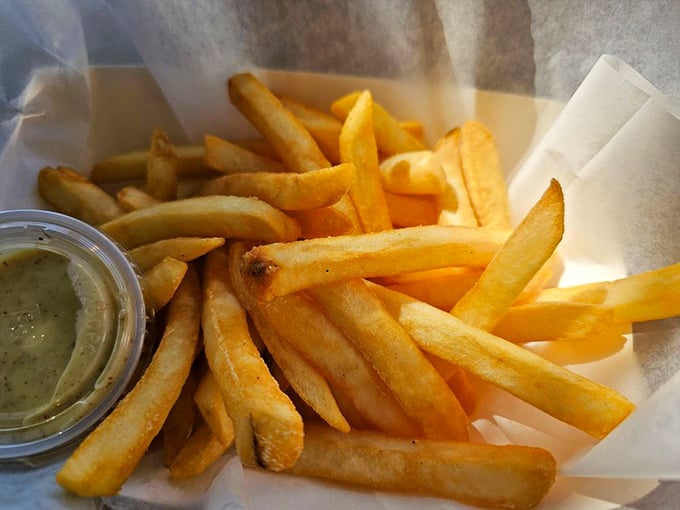 French fries so perfectly golden they deserve their own Florida sunset postcard, ready for a dip in that tangy sauce.