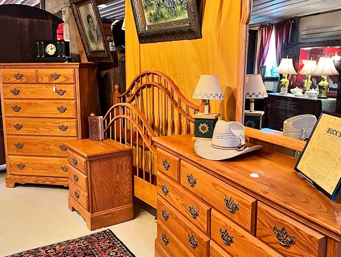 Bedroom furniture that's outlived several generations of sleepers. That oak finish has the kind of patina you can't fake with an Instagram filter.