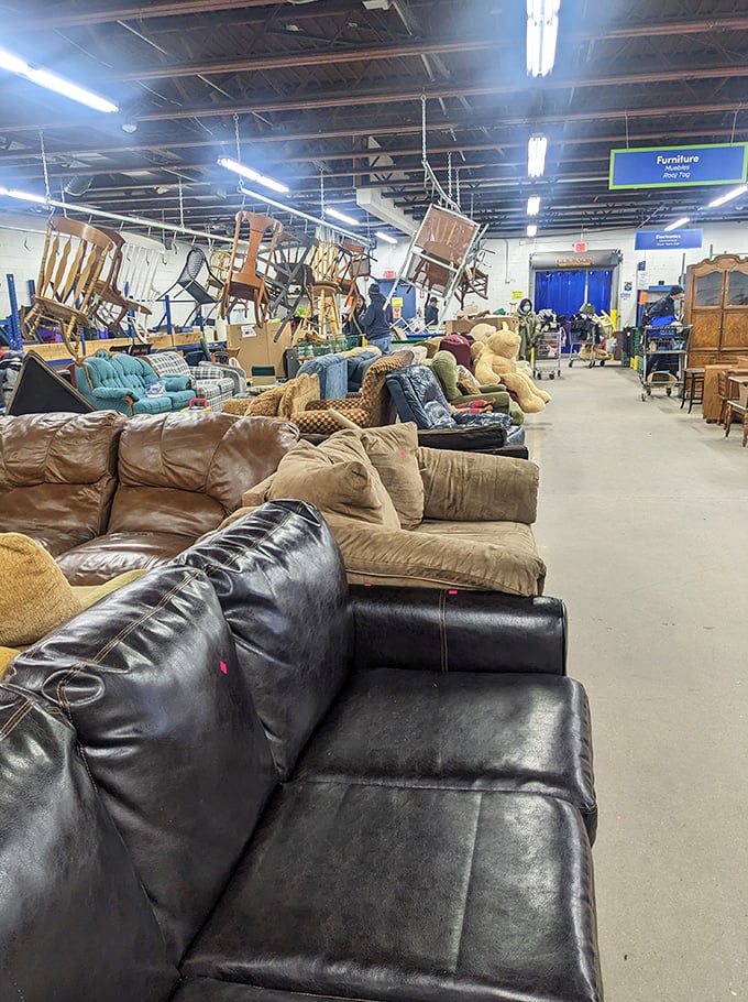 The furniture section: where mid-century meets mid-nineties in perfect harmony. That leather couch has stories to tell—some best left untold.