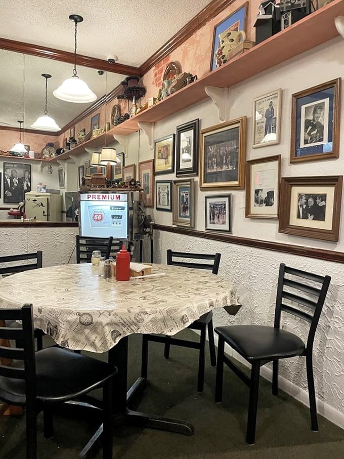 Every inch of wall space tells a story. The Route 66 memorabilia and vintage photos create the perfect backdrop for morning coffee and conversation.