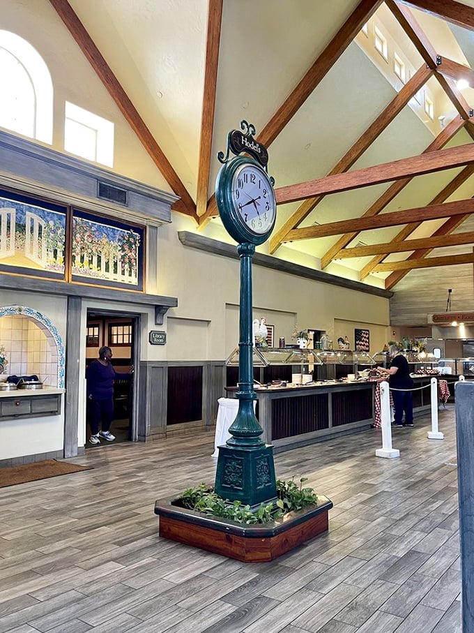 The vintage-style clock stands sentinel in the dining room, marking the hours that fly by when you're three plates deep in buffet bliss.