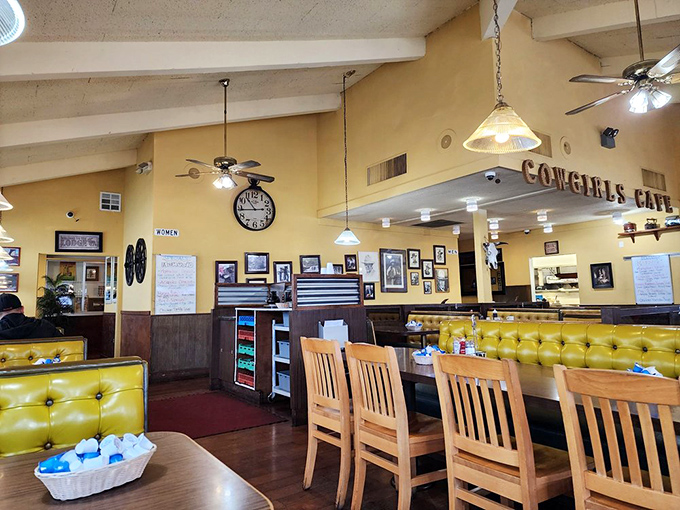 The warm yellow walls and western décor create an atmosphere where time slows down just enough to savor every bite and conversation.