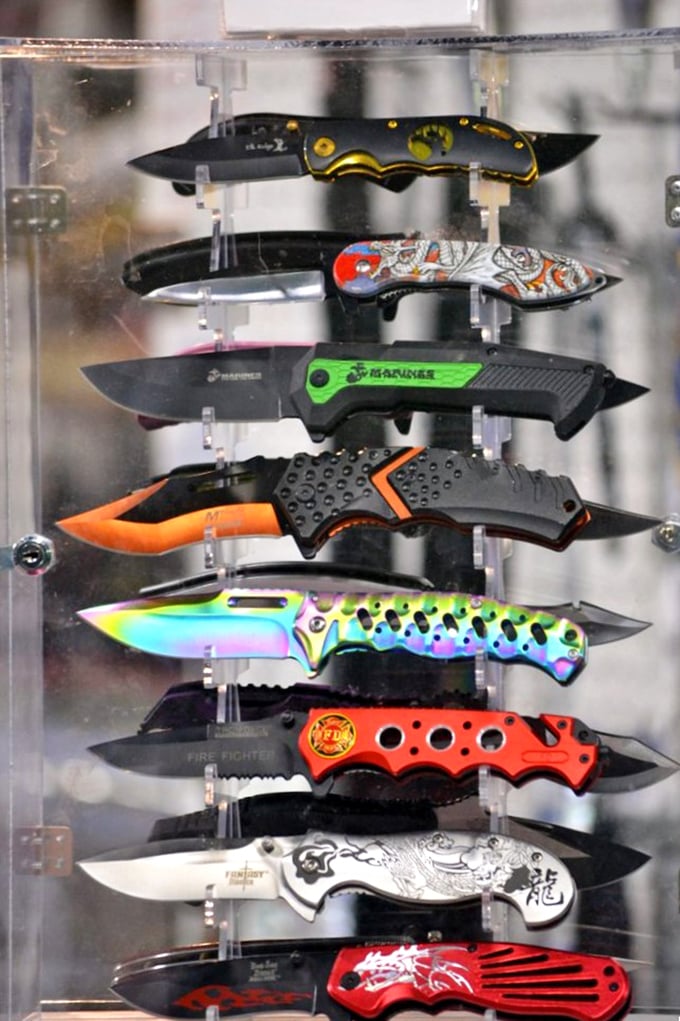A rainbow of tactical elegance. These knives are what would happen if a Swiss Army knife decided to dress for Mardi Gras.