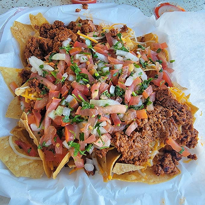 Nachos that require a strategic eating plan. This architectural marvel of chips, meat, and fresh pico de gallo demands both respect and an empty stomach.