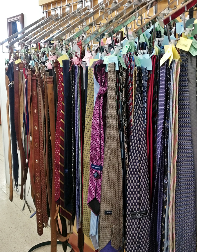 The necktie collection – where power lunches of the '90s and wedding receptions of the '80s live on in silky, patterned glory.