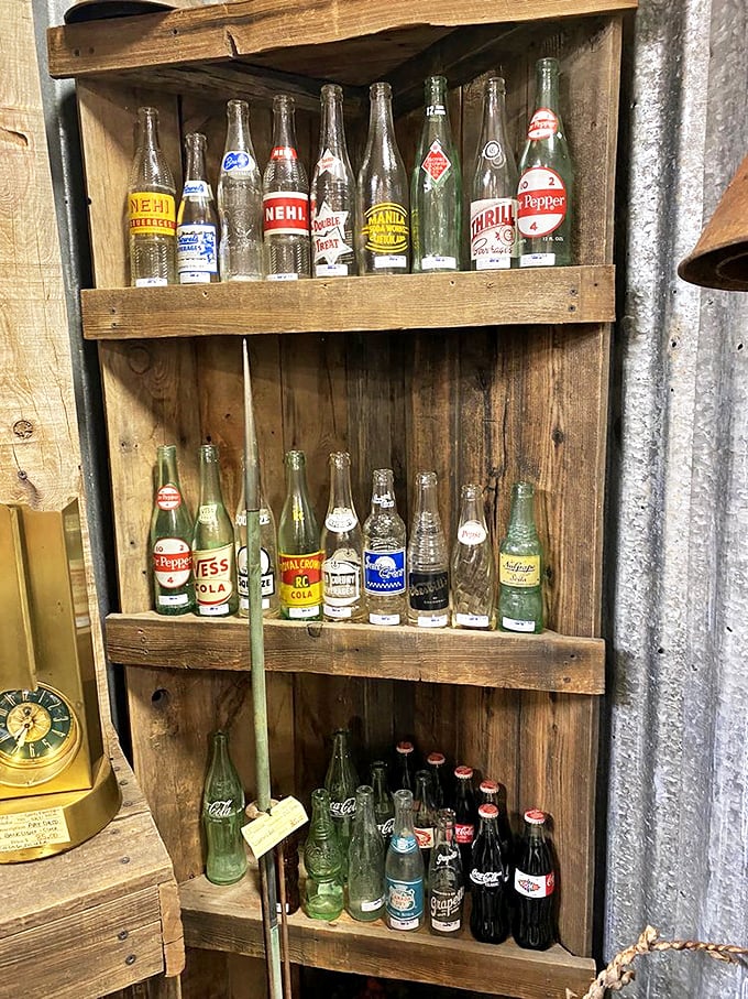 These vintage soda bottles aren't just containers—they're liquid history, each label a snapshot of American refreshment through the decades.