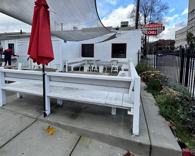 The outdoor seating area—a humble oasis where the Sacramento sunshine makes everything taste just a little bit better.